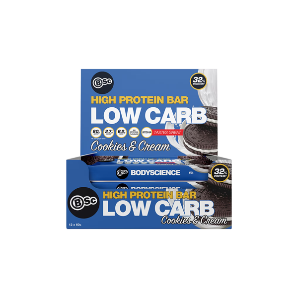 BSc Body Science High Protein Low Carb Bar Cookies & Cream 12 x 60g ...