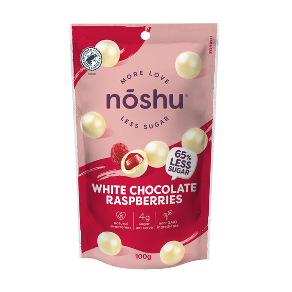 Noshu Less Sugar Bites:White Chocolate Raspberry | 100g – Shop & Dispatch